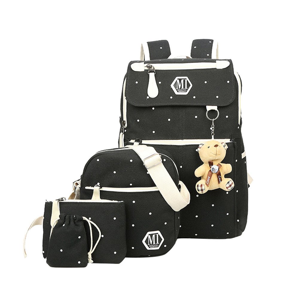 3Pcs Polka-Dot Girls Backpack Set for School Elementary, Canvas Casual Daypack Backpacks for Girls with Crossbody Bag