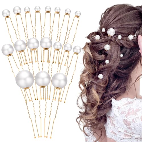 Hicarer 18 Pieces Wedding Pearl Hair Pins Bridal Rhinestone Pearl Hair Clips Hair Accessories U Shaped Bobby Pin Hair Barrette for Bride Bridesmaid Women Hair Style(White-Gold)