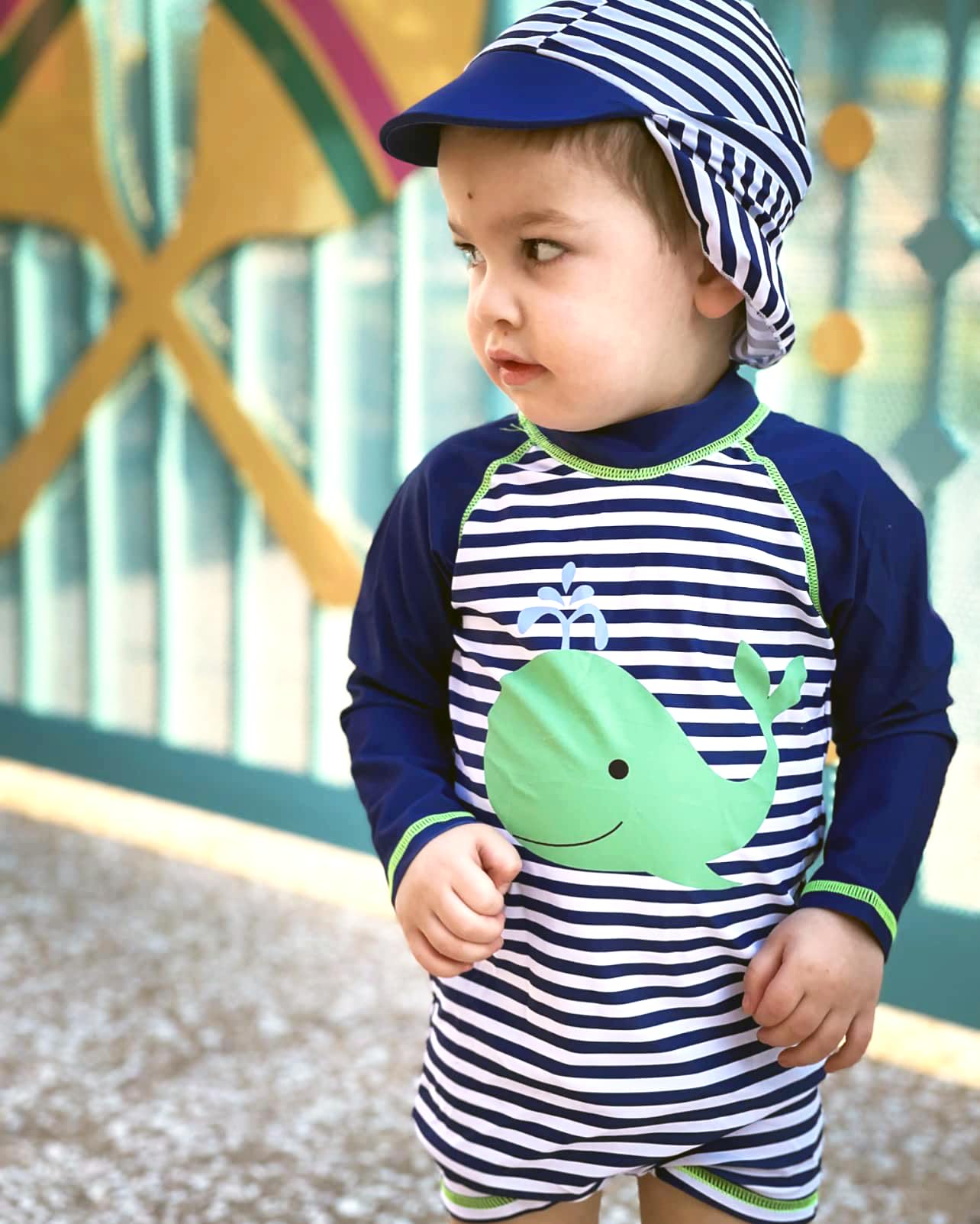 uideazone Infant Boy Blue Striped Swimsuit 3mo Long Sleeve One Piece Rash Guard Bathing Suit with Hat UPF 50+ Sun Protection Swimwear 3-6 Months
