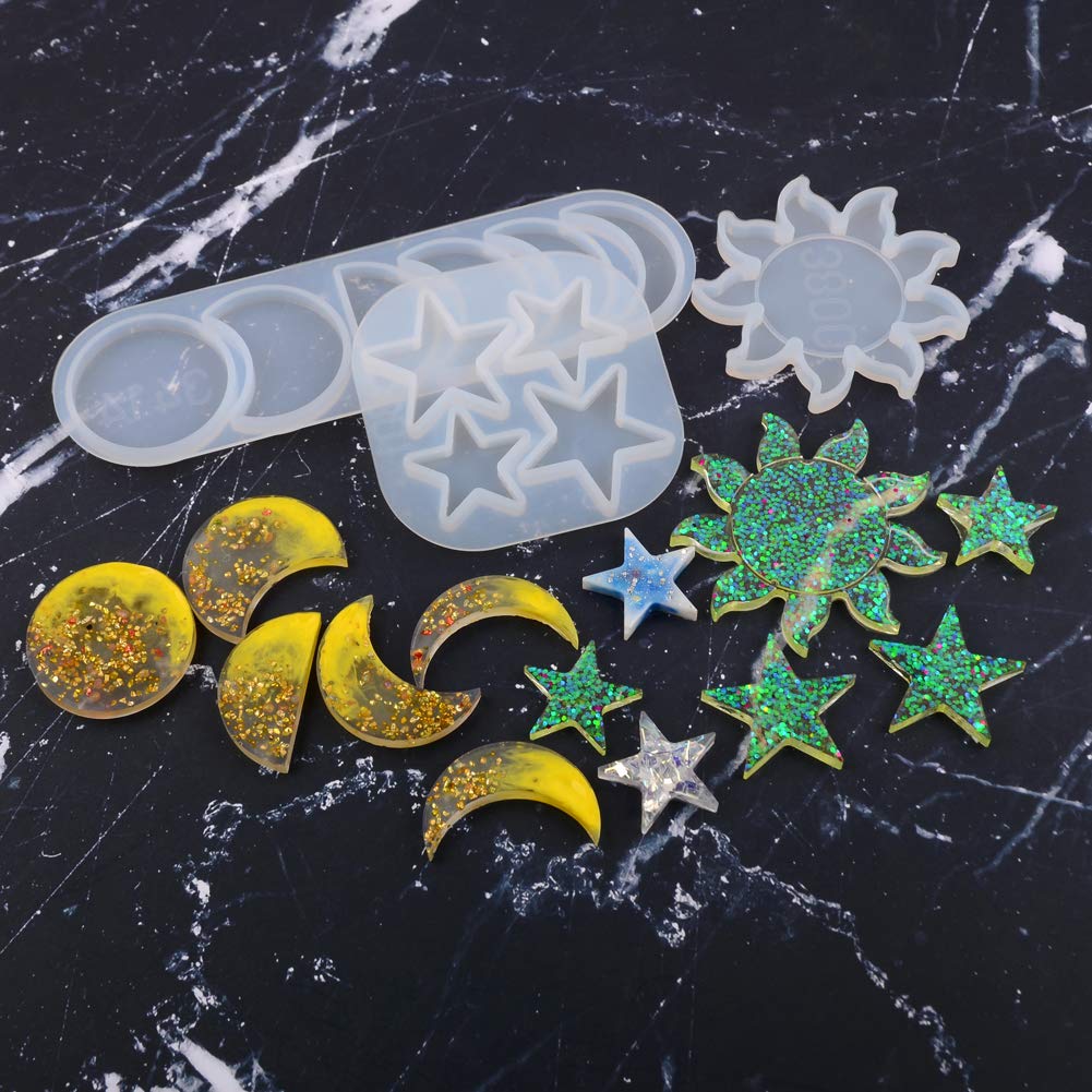 3Pcs Resin Molds for Jewelry Keychain Resin Casting Mold Silicone Mold Jewelry Mold for Resin Epoxy Moon Star Sun Shapes with Keyrings String