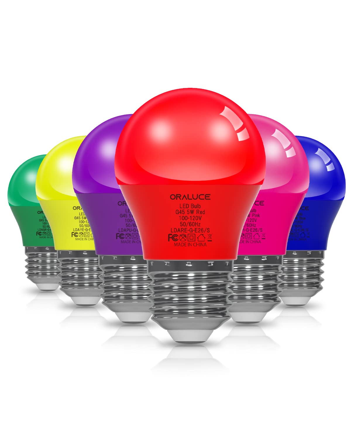ORALUCE 6 Colors Porch Light Bulb 40 Watt Equivalent,A15 LED Bulbs for Halloween Christmas Party Decoration and Lighting,Colored Light Bulb with E26 Base,5W 450LM Non-Dimmable,6 Pack.