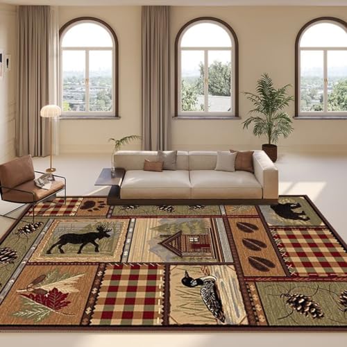 Soyalie Empire Bear Cabin Area Rug for Living Room Vintage Rustic Lodge Maple Leaves Print Carpet Non-Slip Brown Plaid Rugs Decor 5'x7'