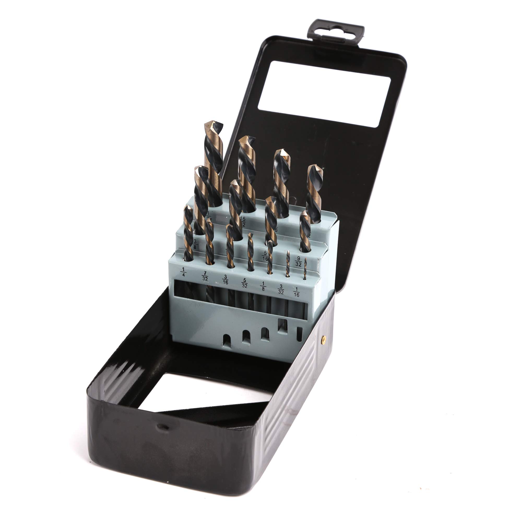 Left Hand Drill Bit Set, 15 Piece | M2 HSS with Titanium Nitride Coating | SAE (1/16" - 1/2")