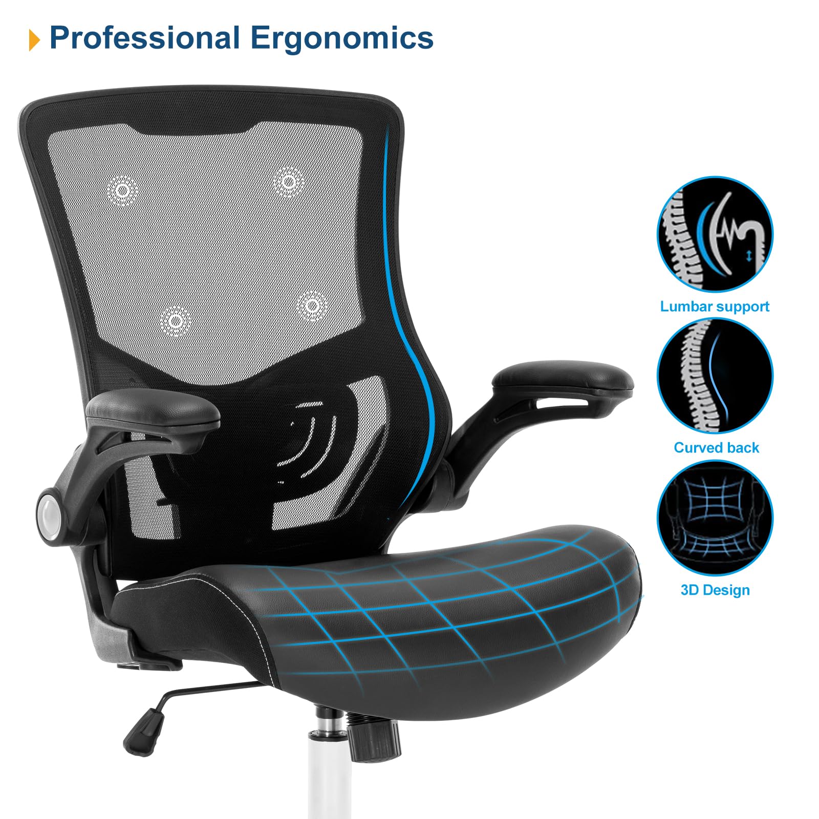Chairoyal Office Chair -PU Cushion Ergonomic Mesh Back Home Office Desk Chairs with Adjustable Lumbar Support & Seat Height, Swivel Executive Computer Task Chairs with Flip-Up Arms for Office/Study