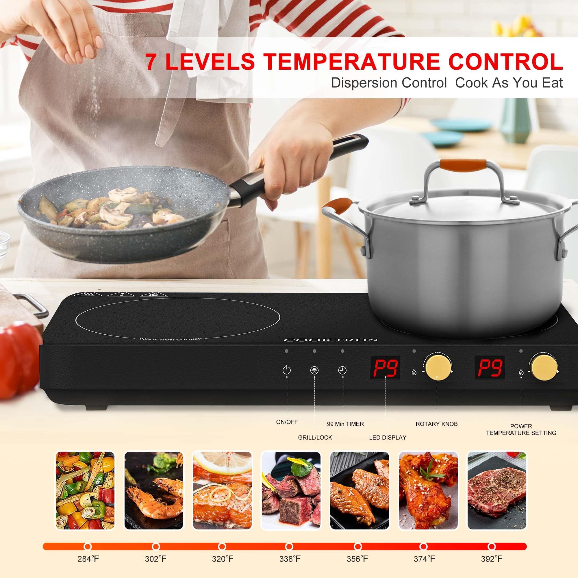 COOKTRON Portable Induction Cooktop 2 Burner with Removable Iron Cast Griddle Pan Non-stick, 1800W Double Induction Cooktop with Child Safety Lock & Time, Great for Family Party
