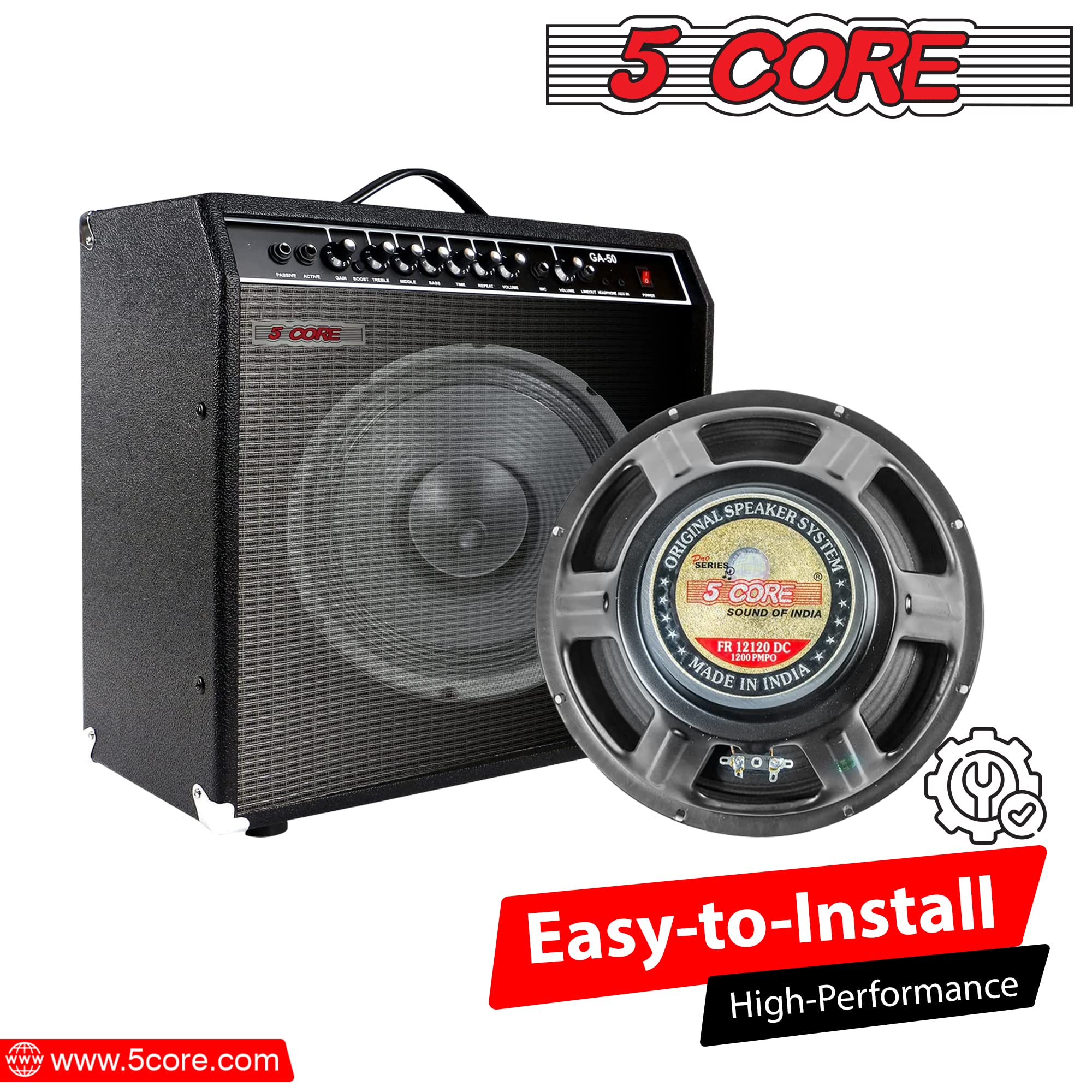 5 CORE 12 inch 1200W PMPO Guitar Amplifier Speaker, Superior Guitar Amplifier Universal Replacement Speaker- 8Ω, Dual Cone, 75W RMS, Black FR-12120DC GTR