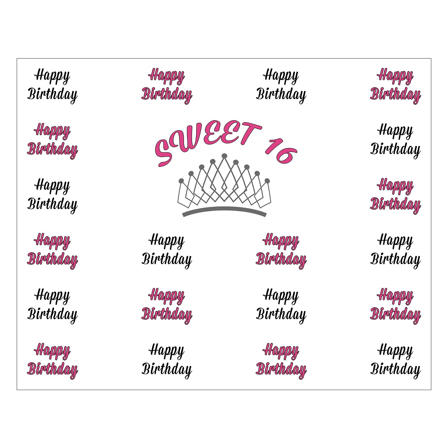 BannerBuzz Happy Birthday Sweet 16 White & Pink Theme Custom Step and Repeat Banner, Graphic, 11 oz. PVC Flex, 720 DPI Eco-Solvent Printing, for Events and Parties, Photography Background (8'W x 10'H)
