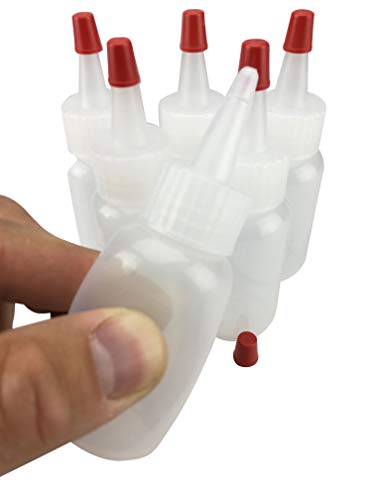 Hobbyland Squeeze Bottles, LDPE Plastic Bottles, Natural Boston Round Bottles, Yorker Spout Red Caps, Tips have .30 Hole (1oz, 20/410 Neck, 6 Bottles)