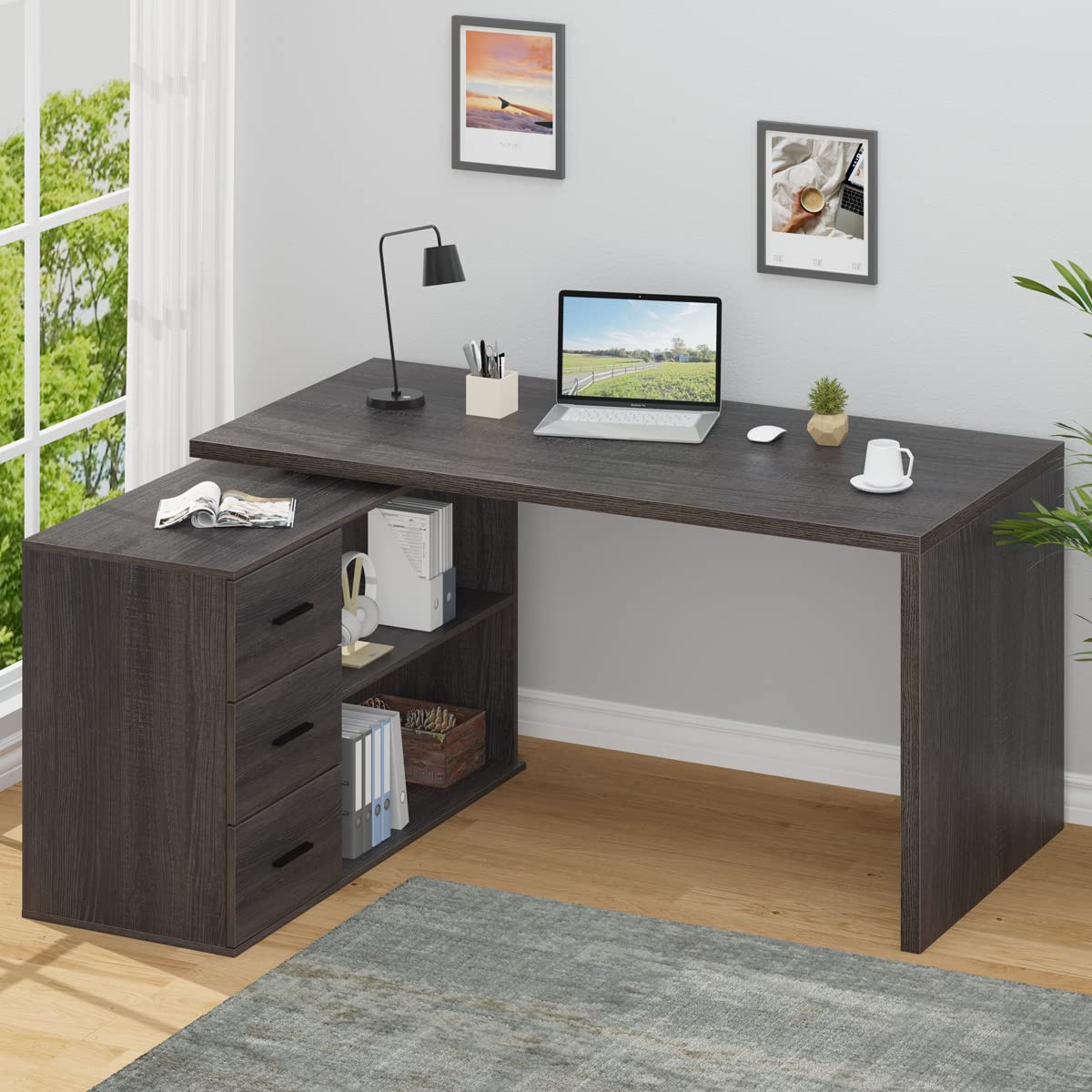 HSH Black L Shaped Desk with Drawers Shelves, 360 Rotating Home Office Desk L Shape with Storage Cabinet, Corner Wood Computer Table for PC Executive Work Study Writing in Bedroom Living Room, 55 in