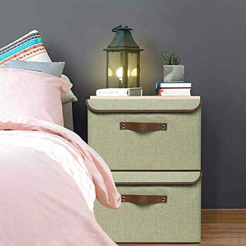 UUJOLY Large Storage Bins Linen Fabric Foldable Basket Cubes Organizer Storage Box Drawer with Lid and Handles for Home, Office, Closet, Bedroom, Nursery((Green-2pcs))