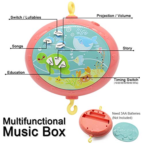 MARUMINE Baby Musical Crib Mobile with Night Light, Timer, Hanging Rattles, Nursery Ceiling Star Projector, Take Alone Music Box with Remote, Relaxing Soother Toys for Newborn Babies Boys Girls