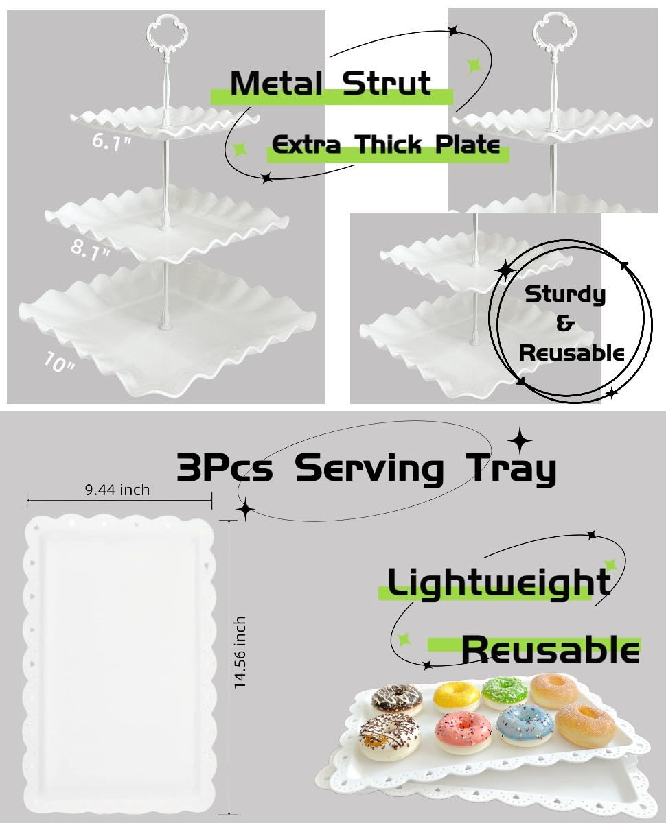 5 Pcs Cupcake Stand Set - Plastic Dessert Table Display Set, 2 White Square 3 Tier Cupcake Display Stands Cookie Tray Rack Serving Tower & 3X 14 in Plastic Trays for Wedding Baby Shower Tea Party