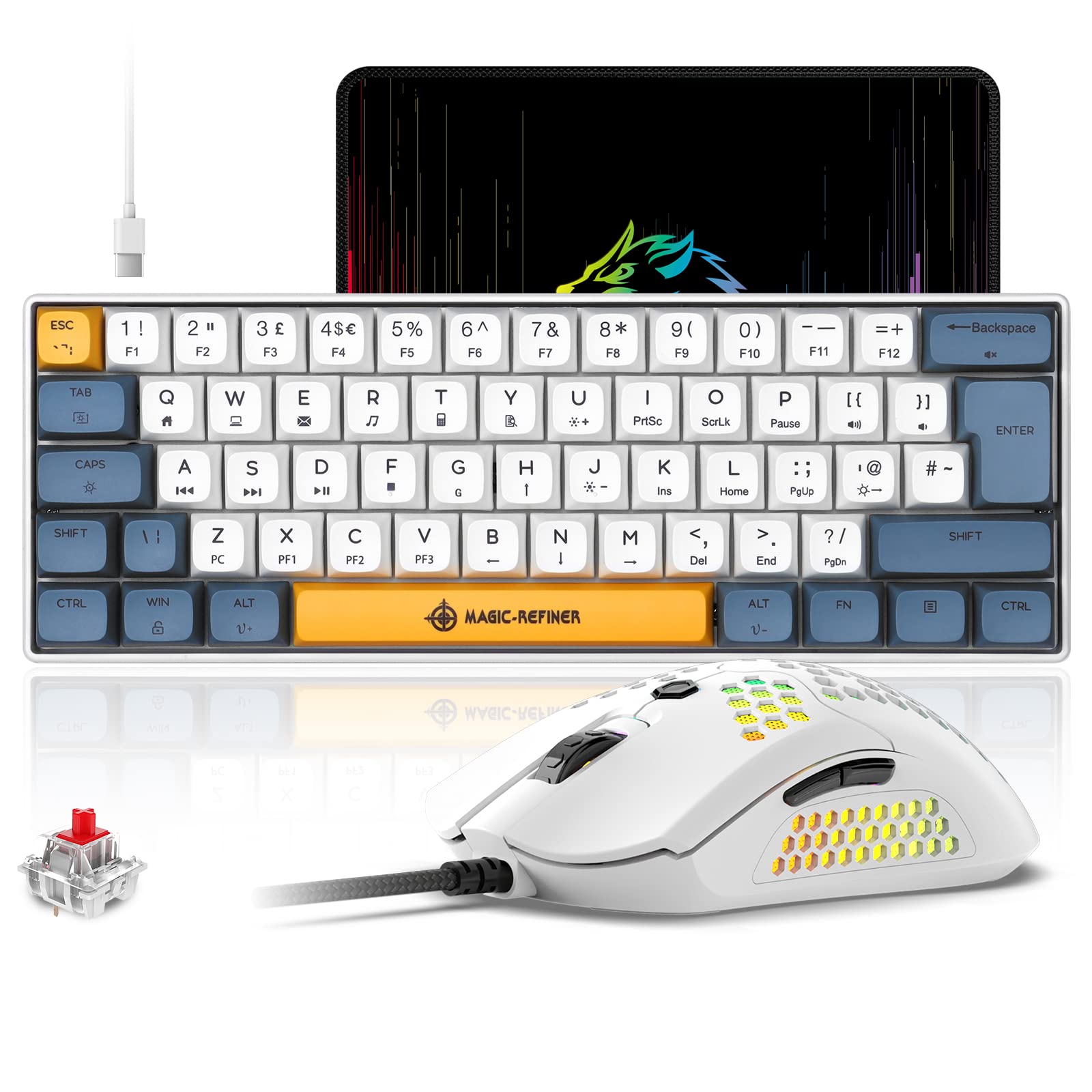60% Mechanical Gaming Keyboard and Mouse,Wired Compact PC keyboard with Red Switch,RGB LED Backlit,OEM Dye Sublimation PBT Keycaps,12000DPI Lightweight Gaming Mouse,Mouse Pad for Computer/Laptop
