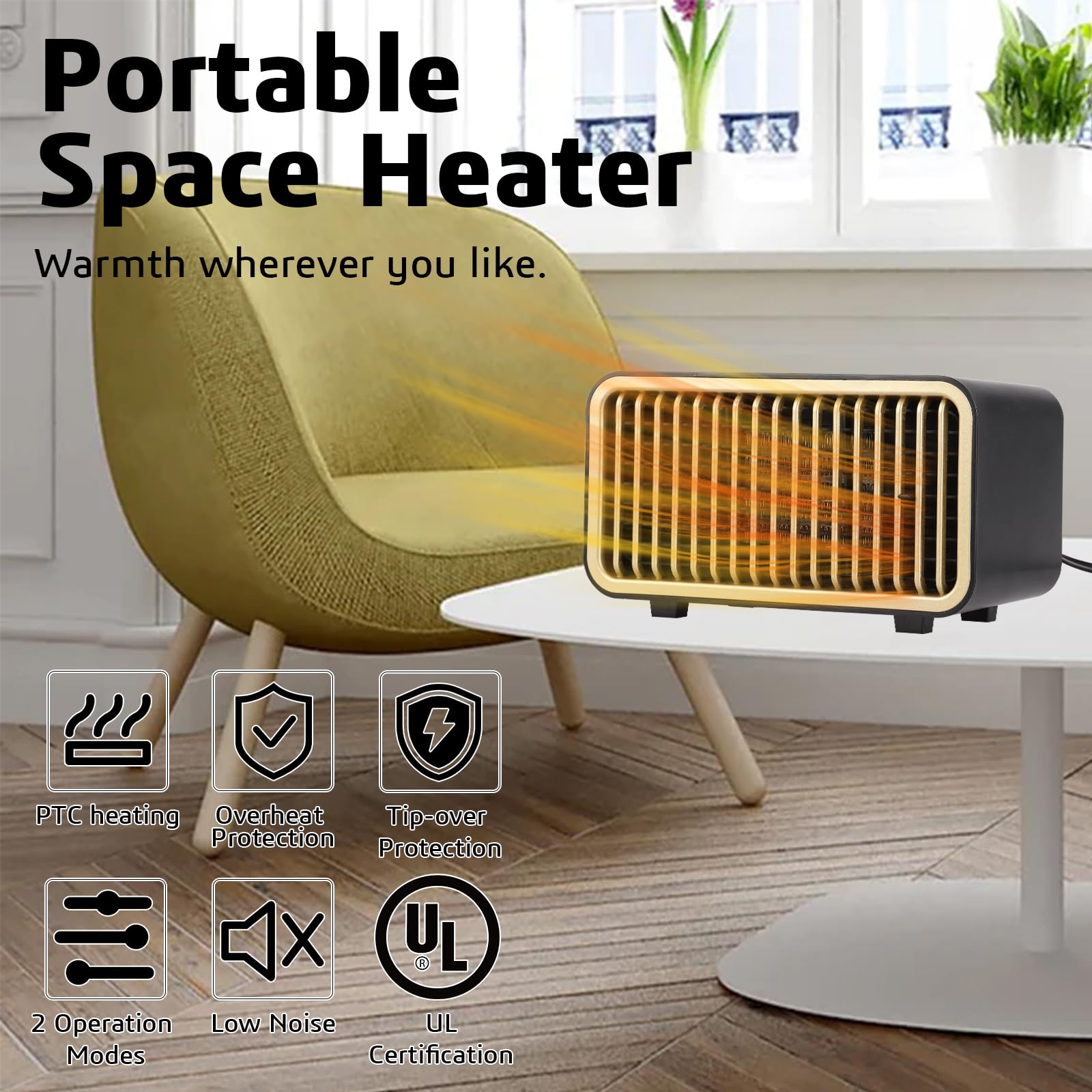 Portable Space Heater, YOUCIDI 550W / 900W Electric Heater Warmer Two Modes Energy Efficient Safe and Quiet, PTC Fast Heating Small Space Heater with Tip-over and Overheat Protection