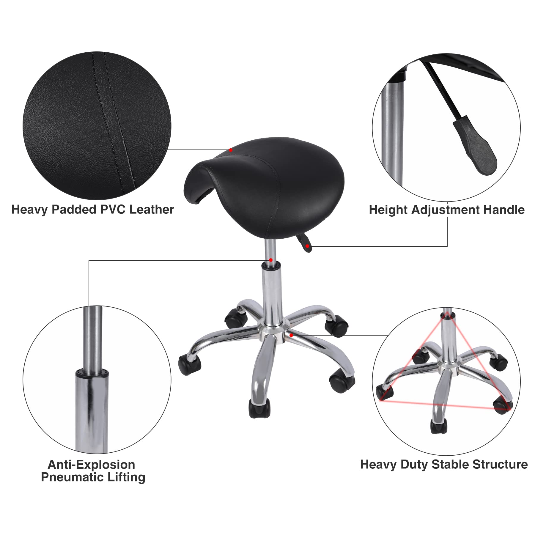 AKVOMBI Saddle Stool with Wheels, Ergonomic Saddle Chair with Wheels for Spa, Salon, Massage and Esthetician, Adjustable Hydraulic Seat, Black