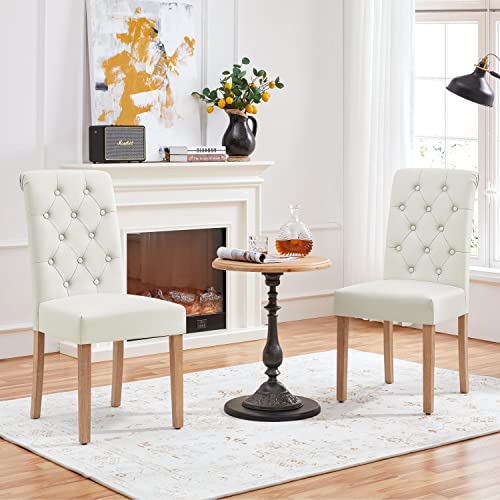 Yaheetech Tufted Dining Chairs Button Parsons Diner Chair Upholstered Fabric Dining Room Chairs with Solid Wood and Padded Seat Stylish Dining Chairs Kitchen Chairs Set of 2, Beige