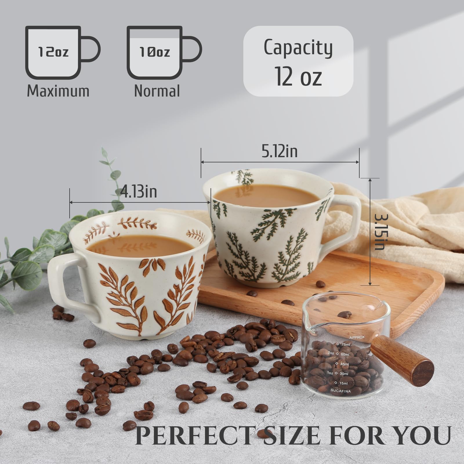 LINVIA Ceramic Coffee Mug, 12 oz Novelty Unique Teacup with Large Handle, Stoneware Cup for Tea Mocha Latte Cappuccino Espresso (Set of 2, Ivy and Leaf)