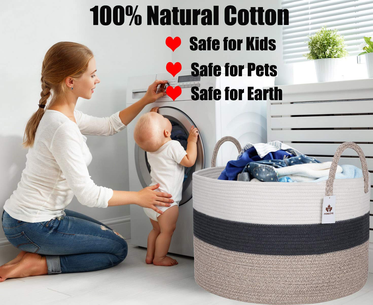 Extra Large Cotton Rope Basket Woven Basket Storage Baby Laundry Hamper with Handles for Nursery Laundry, Clothes, Toys, Blanket, Magazines, Towels, Home Organize Container 21.7" x 21.7" x 13.8"