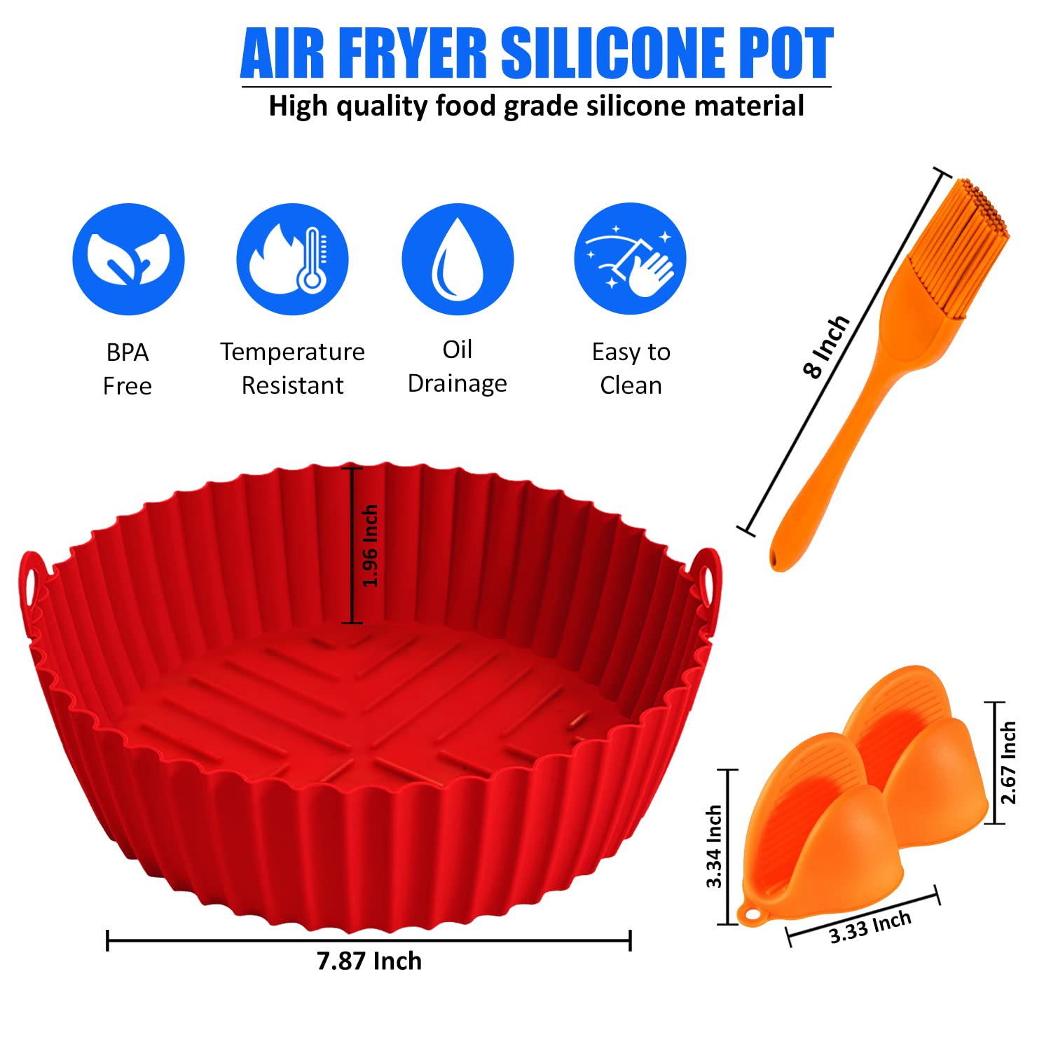 Air Fryer Liners with Oven Mitts and Pastry Brush β 7.5 x 7.5 x 2.5 Inches Reusable Air Fryer Liners Silicone Set with Basting Brush and Oven Gloves β Durable Silicone Material