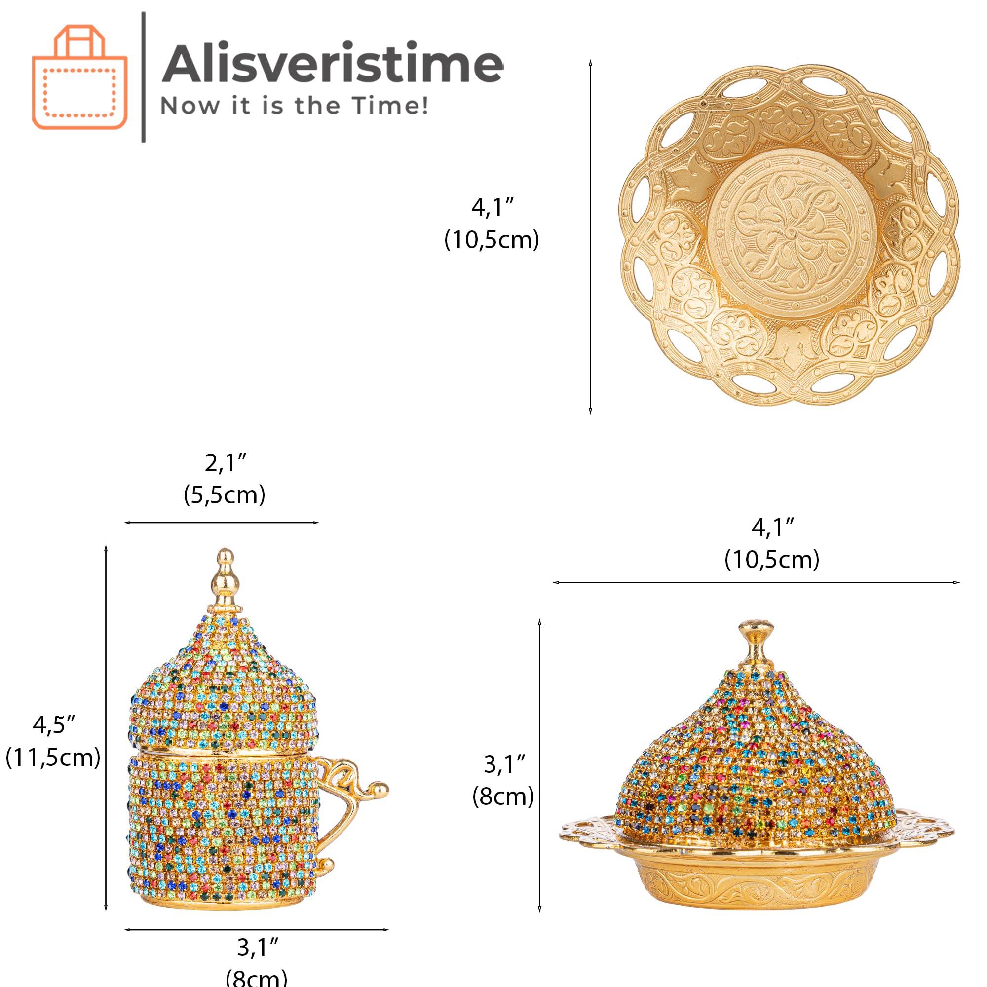 Alisveristime Crystal Embellished Turkish Coffee Set – 27 Pieces – Decorative Zamac Espresso Cups, Saucers and Sugar Bowl with Tray – Available in Three Color Variations (Multi)