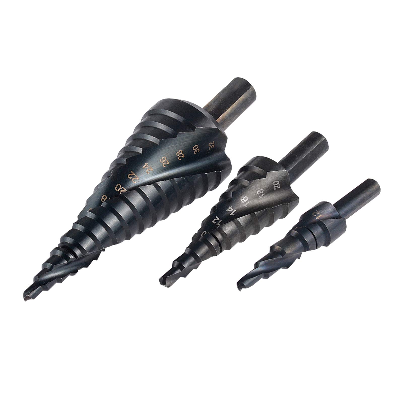 HOHXEN 3 Packs Spiral Step Drill Bit Set with 4-12mm/4-20mm/ 4-32mm, Total 32 Sizes, 1/4" Hex Shank Cone Titanium Coated High Speed Steel, Multi-Functional Industrial DIY Metalworking tools