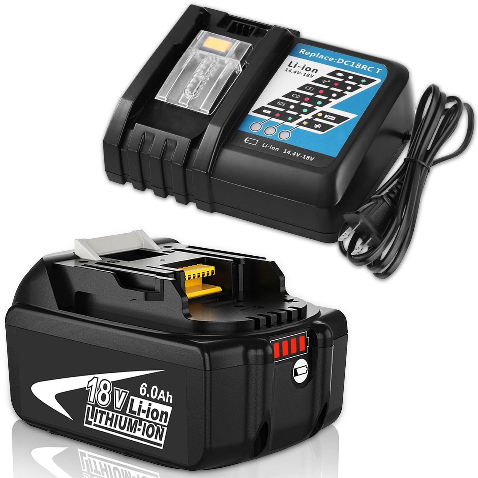 6.0Ah BL1860B 18 Volt Replacement Battery and DC18RC Charger Compatible with Makita 18V Battery Lithium ion BL1815 BL1820 BL1830 BL1840 BL1850 BL1850B BL1860 LXT-400 Cordless Power Tools (Black)