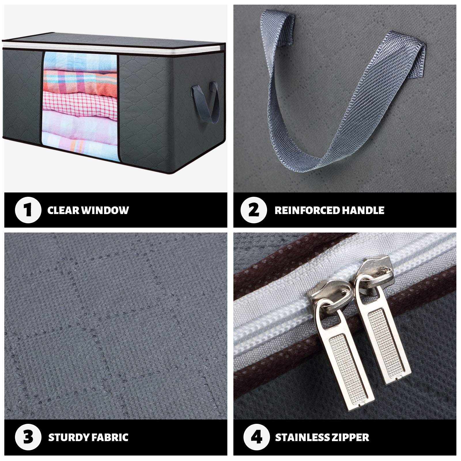 6 Pieces Large Clothes Storage Bag Organizer Foldable Clothes Storage Containers with Clear Window Sturdy Zipper Reinforced Handle Thick Fabric for Pillows Blankets Bedding Supplies, 2 Sizes (Gray)