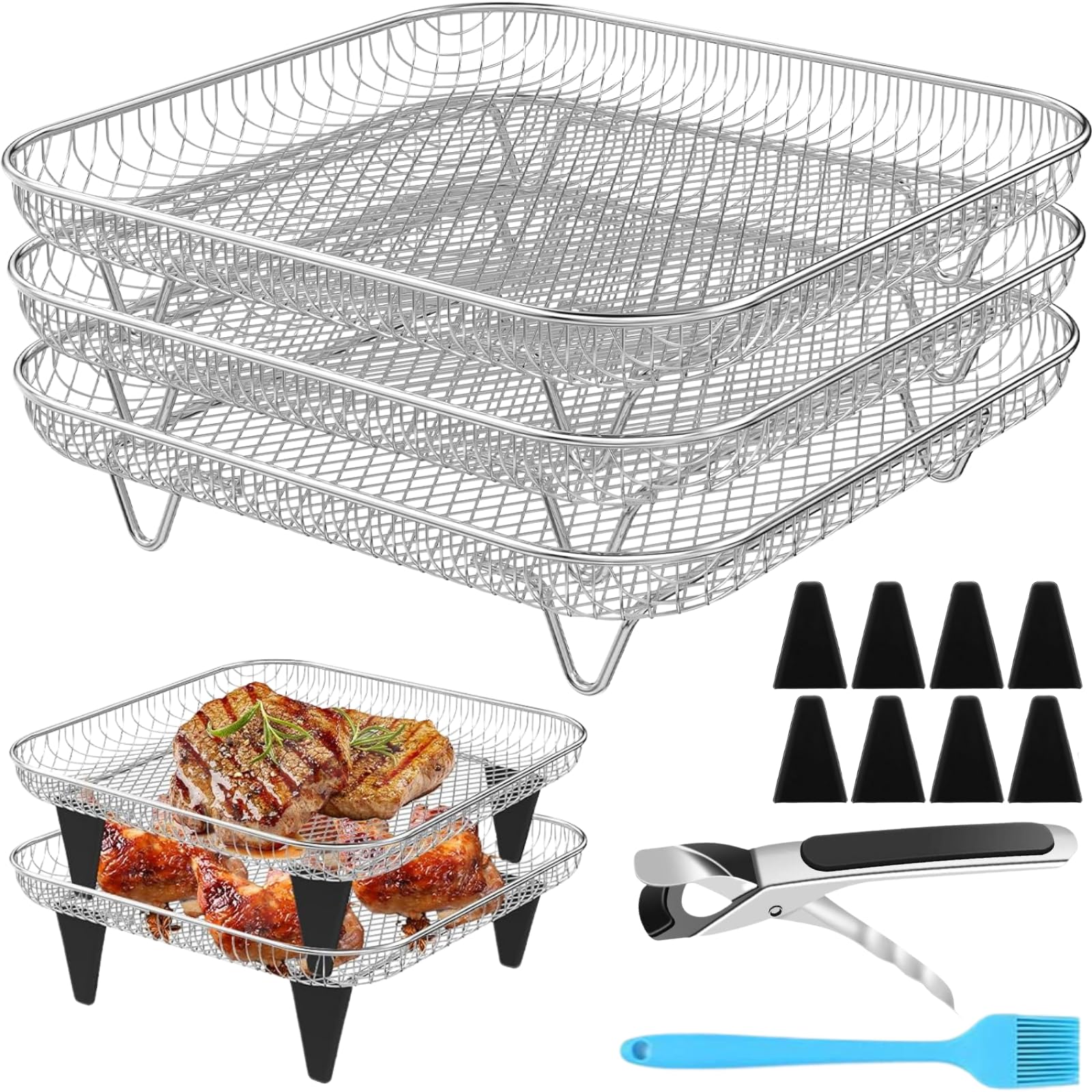 Air Fryer Accessories with 8pcs Foot Cover - 8" Square 3 Stackable Dehydrator Racks Fits 5.8 QT Air Fryer Racks for Cosori, Instant Vortex, Nuwave Air Fryer, Ninja Foodi Grill 304 Stainless Steel