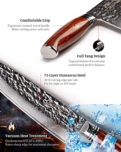 YARENH Kitchen Knife Set with Cleaver 4 Pcs, 73 Layers Damascus High Carbon Stainless Steel, Full Tang Natural Sandalwood Handle, Professional Chef Knife