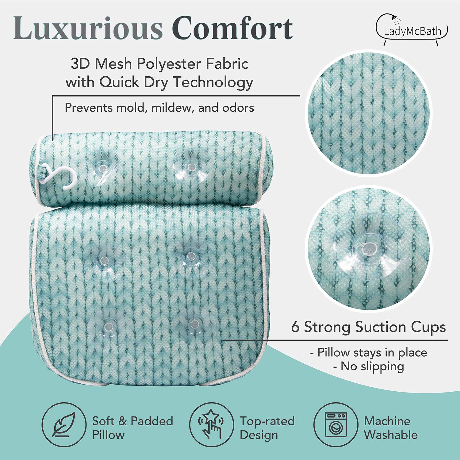 Lady McBath Bath Pillow - Luxury Bath Pillows for Tub Neck and Back Support - Powerful Suction Cups, Machine Washable Bathtub Accessory for Relaxation (Turquoise)