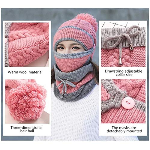 3pcs/Set Fashion Women Winter Knitted Hat Thickened Woolen Cap with Warm Mask and Neck Scarf ((Pink)