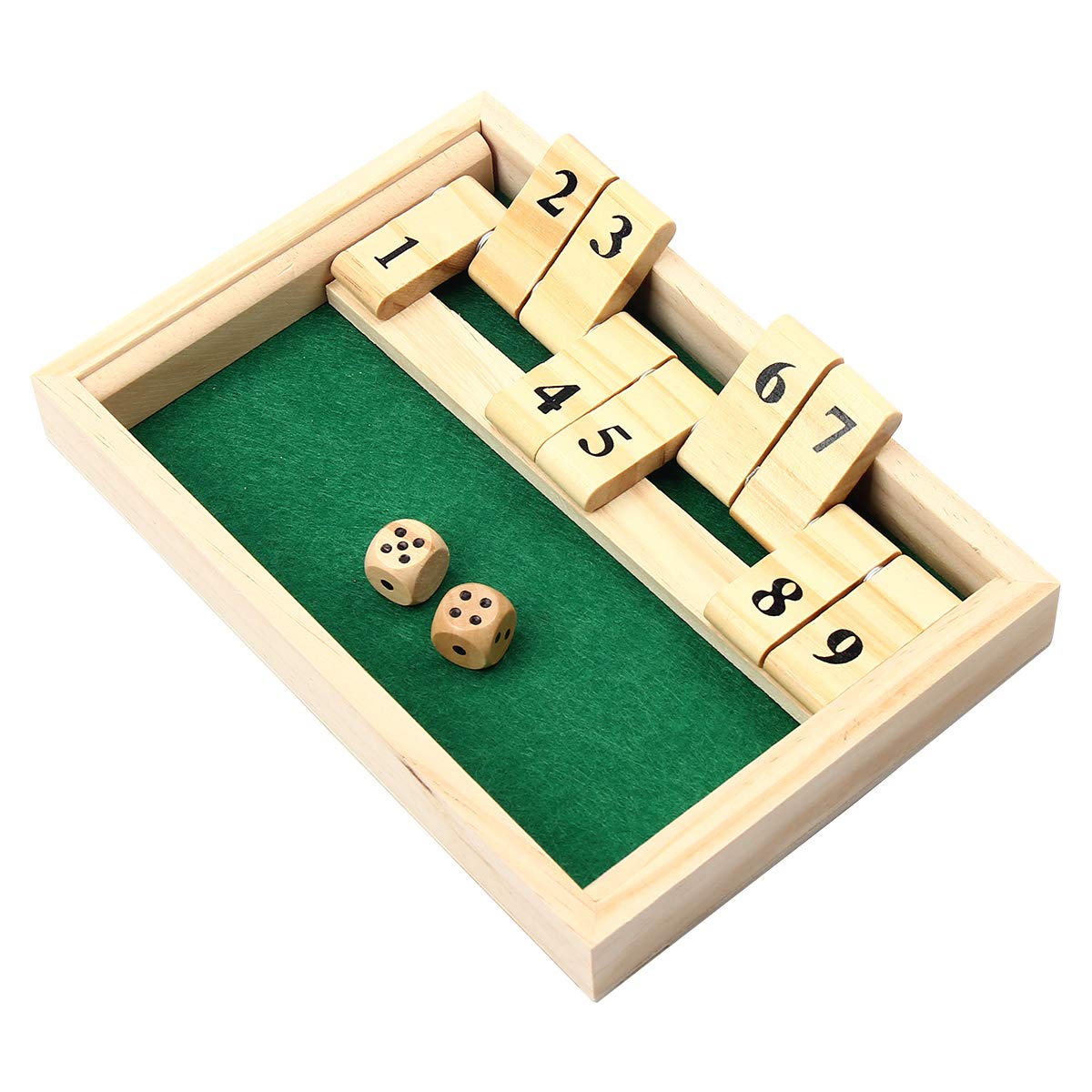 bouti1583 Shut The Box Game, Double-Sided Classic 9 Number Wooden Set with Dice Green- Adults and Children