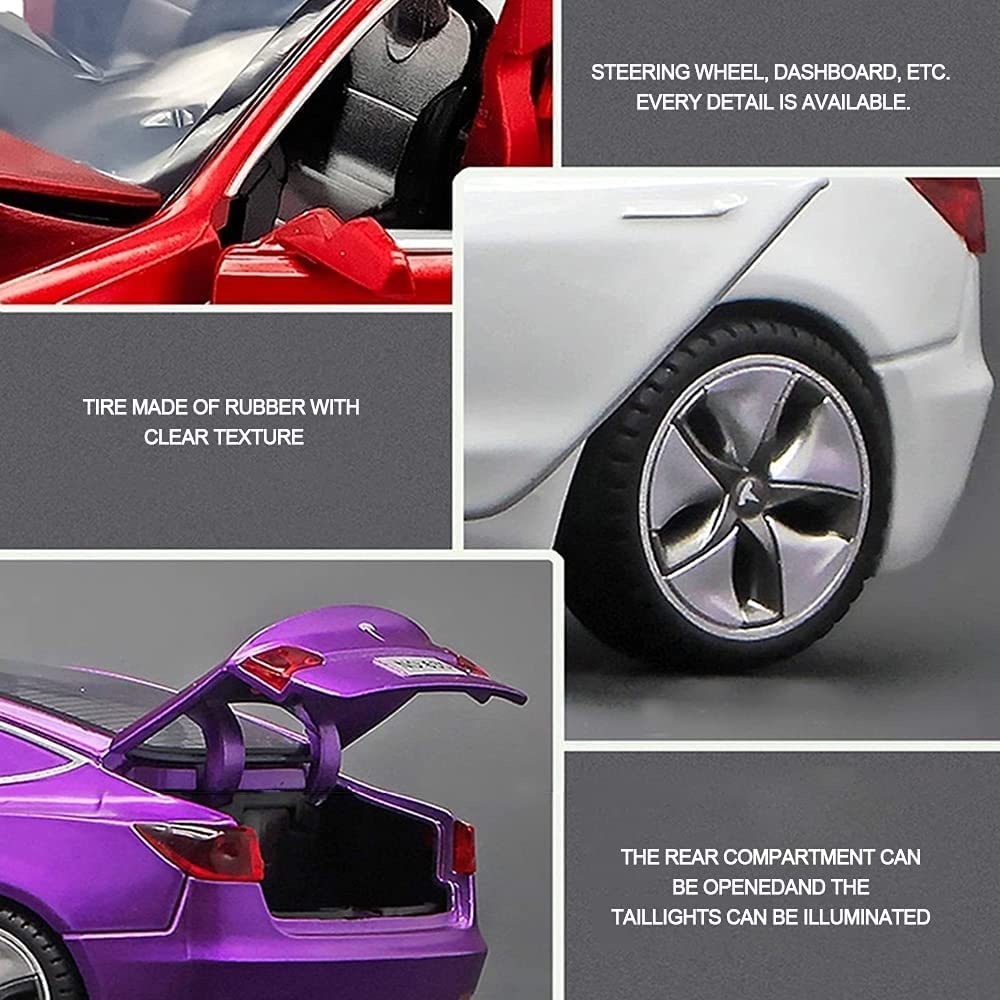 Car Model 3 1:32 Scale Alloy diecast Pull Back Electronic Toys with Lights and Sound, Mini Vehicles Toys for Kids Gift Tesla Car Lovers (Red)