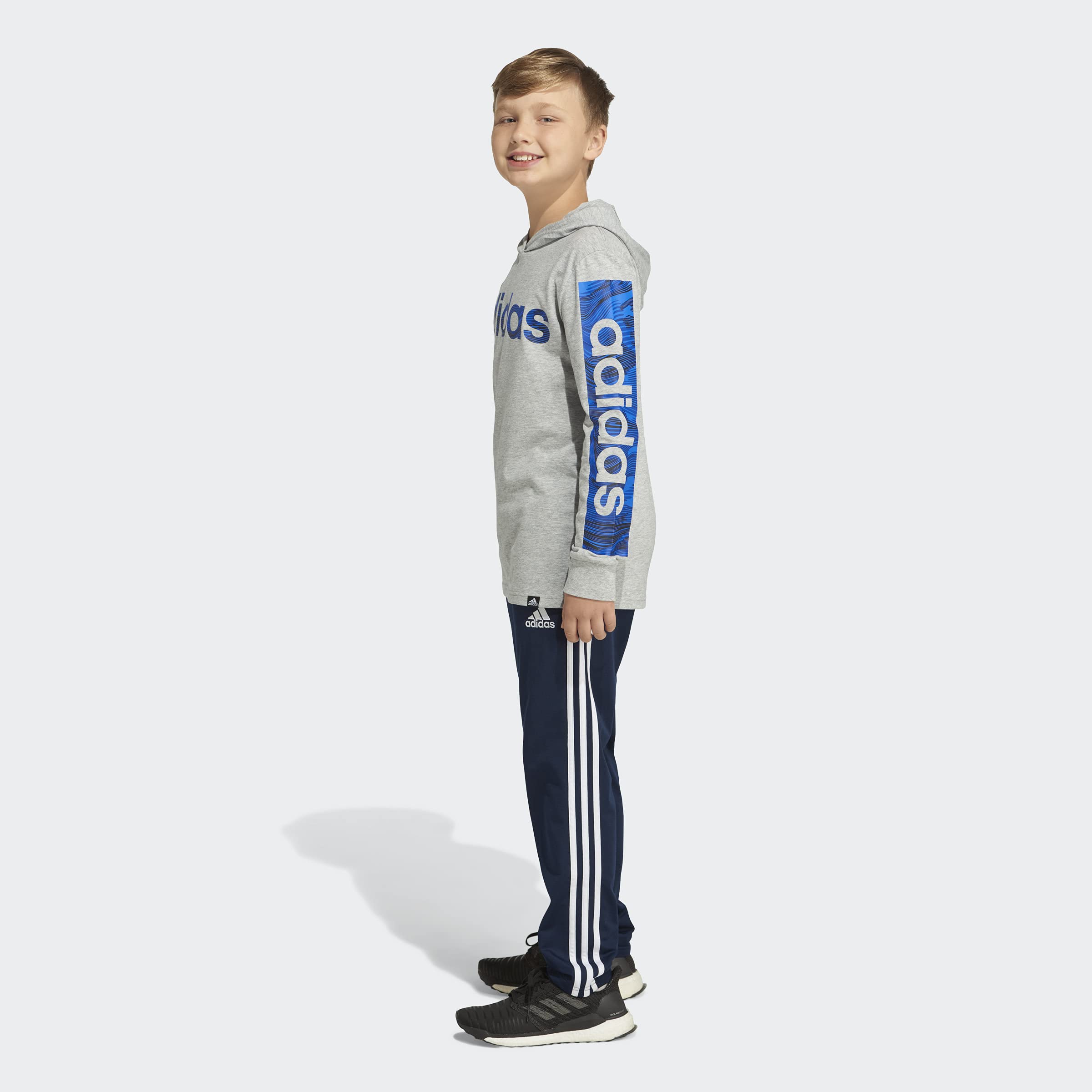 adidas boys Long Sleeve Linear Camo Hooded Heather Tee T Shirt, Charcoal Grey Heather, Small US