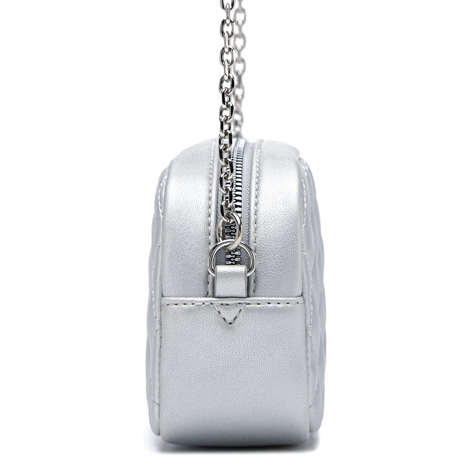 David Jones Trendy Small Cute Silver Bag, Faux Leather Crossover Long Over the Shoulder Womens Purses and Handbags with Chain Strap
