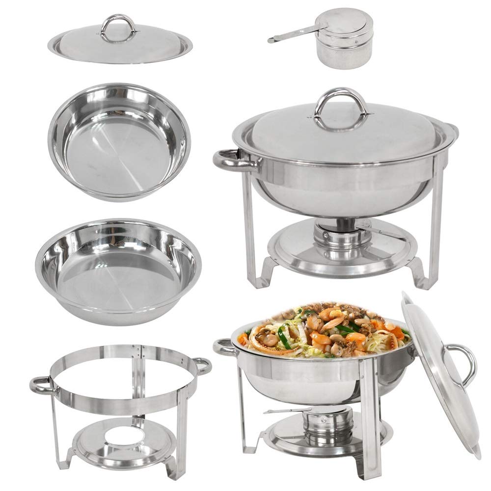 5 Pack Round Chafing Dish 5 Quart Stainless Steel Full Size Tray Buffet Catering