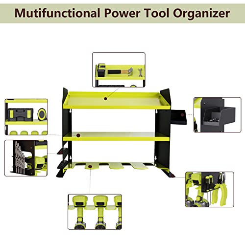 Luffioner Drill Storage Rack,Power Tool Organizer Drill Holder Wall Mount, Drill Organizer for Garage, Workshop,Drill Bit Storage Shlef, Holds 4 Drills with Screws Box Father's Day Gifts (Green)