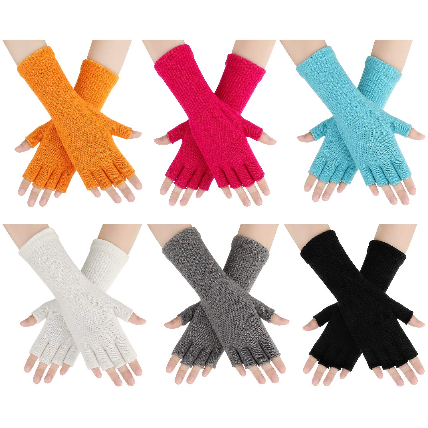 6 Pairs Unisex Half Finger Gloves Warm Stretchy Knit Fingerless Gloves 8.6 Inches Soft Gloves for Women Men (Black, White, Blue, Orange, Pink, Grey)