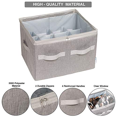 Moteph Shoe Organizer Closet Storage Solution with Clear Cover & Adjustable Dividers for Shoes, Handbags, Blankets, Linen, Clothing (Grey, Medium - 16 Pairs)