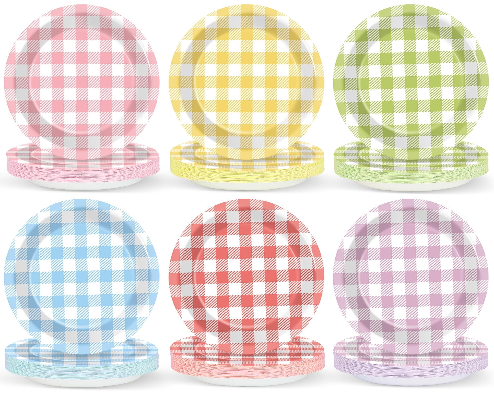 60PCS Gingham Plates Colorful Pastel Tableware Set Pink Yellow Purple Green Blue Red Checkered 7" Dinnerware for Gingham Party Decorations Camp Bachelorette Baby Bridal Shower Birthday Party Supplies