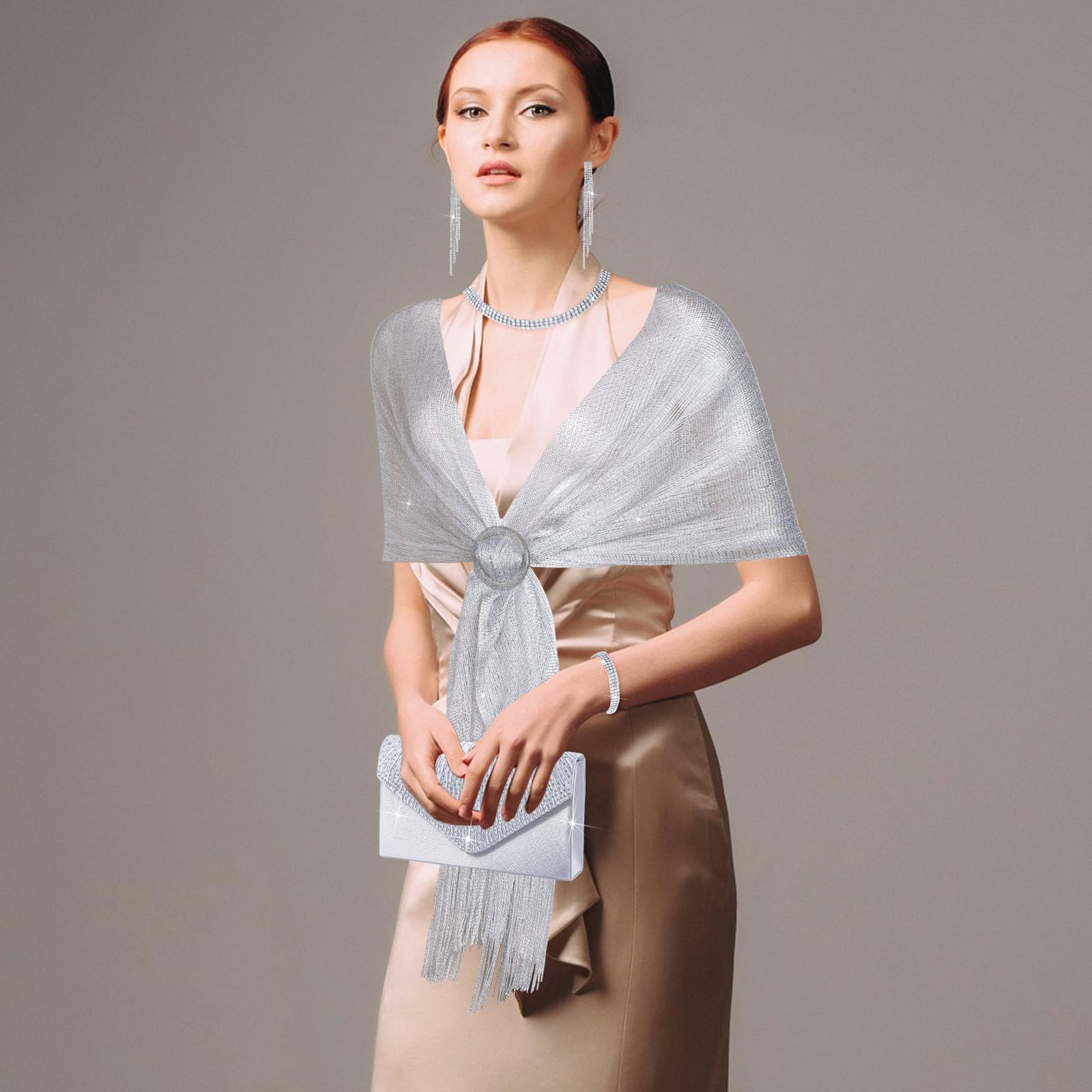 5 Pcs Women Accessories Including Shawls and Wraps, Evening Bag Clutch Purses, Rhinestone Jewelry Sets for Wedding Bridal (Silver)