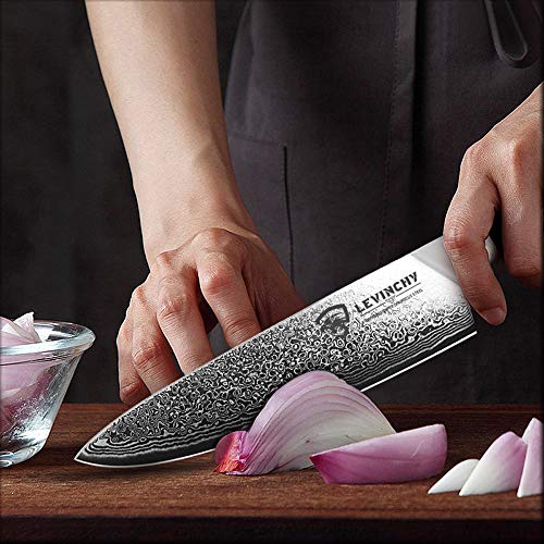 LEVINCHY 8 inch Damascus Chef Knife with Black Premium G10 Handle, Professional Damascus Stainless Steel Knife, Ergonomic, Superb Edge Retention, Stain & Corrosion Resistant
