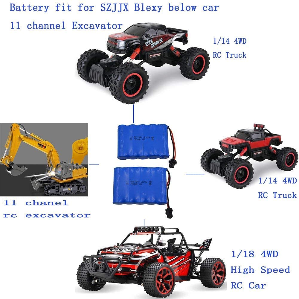 Blomiky 2 Pack 6.0V 700mAh Ni-CD AA Rechargeable Battery Pack SM2P Plug and 2 USB Charger Cable Fit for Old Version 11.5Inch Amphibious Stunt RC Cars Vehicles / 6V 700mAH and USB 2