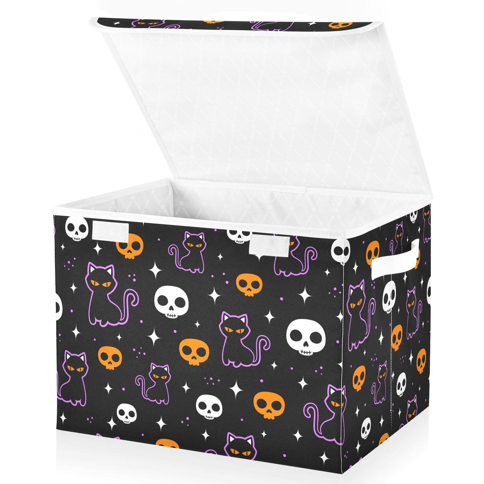 senya Halloween Storage Baskets Collapsible Storage Bins with Lids, Halloween Colored Skulls Black Cat Storage Boxes Clothes Baskets for Organizing, B06D22020