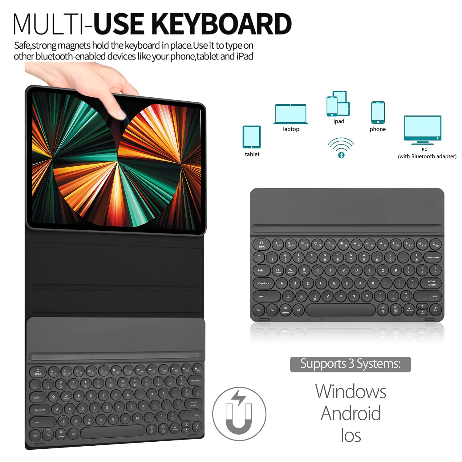 New iPad Pro 12.9 2022 6th Gen/5th Gen 2021/2020 4th Gen/2018 3rd Gen Keyboard Case -7 Colors Backlit Detachable Keyboard Slim Folio Smart Cover for iPad Pro 12.9"[Support Apple Pencil Charging]-Black