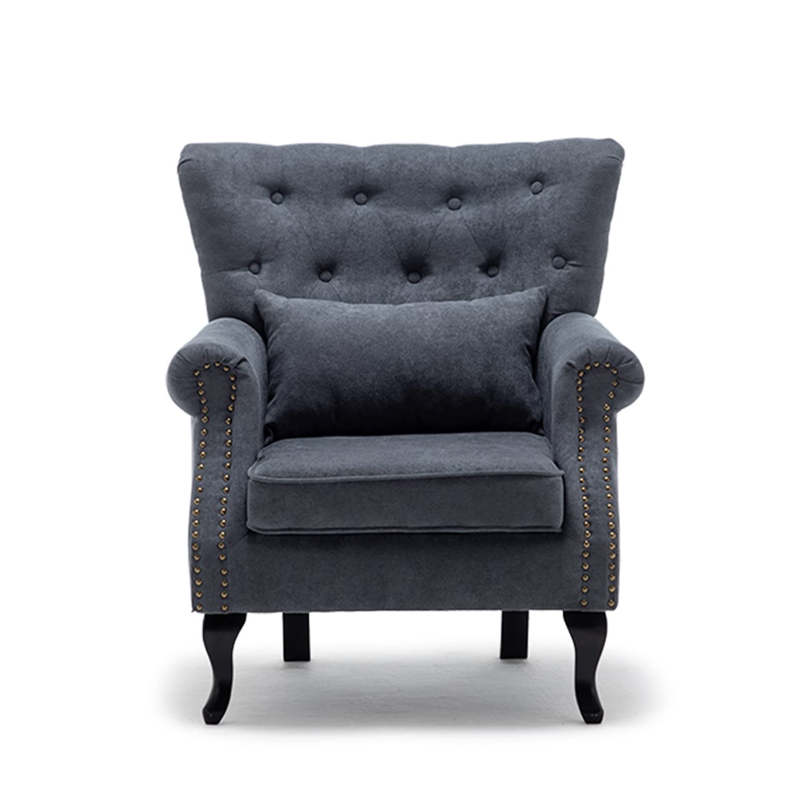 Accent Chairs, Mid Century Modern Armchair with Rivet Roll Arm, Brushed Linen Tufted Wingback Boho Chair for Living Room, Bedroom, Lounge, Vanity, Reading (Gray)