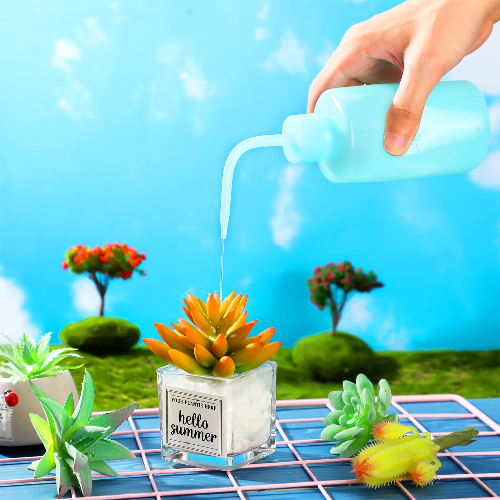 6 Pcs 250 ml Tattoo Wash Bottle Water Squirt Bottle Lab Squeeze Bottles Lash Water Bottle Squeezer with Narrow Mouth Scale Labels Safety Rinse Bottle for Eyelash Extensions, Succulent Watering (Blue)