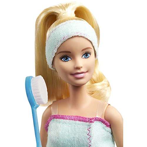 Barbie Spa Doll Toy Set with Puppy & 9 Accessories Including Neck Pillow, Rubber Duck & Cucumber Eye Masks, Blonde Doll