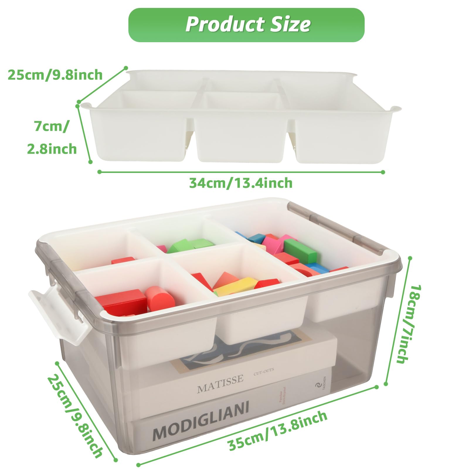 ACXFOND 1PCS Plastic Storage Box with Removable Tray Grey Craft Organizers and Storage 17 QT Storage Containers for Arts and Crafts Supplies, Lego, Stationery, Kids Building Blocks, Sewing Kit