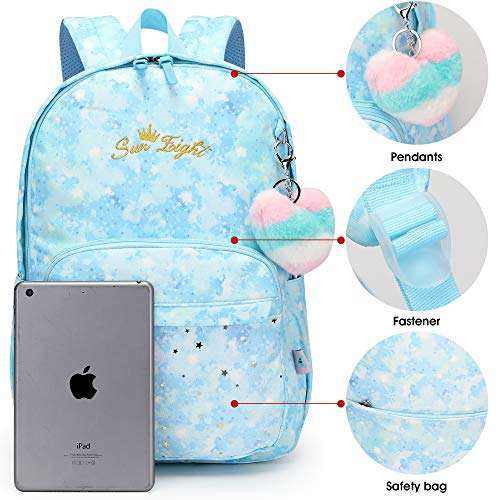 Caran·Y Waterproof Girls Backpack for Kids in Elementary School bag Large space Love decoration Starry pattern Fit Over 6 years old Backpack for Toddler Girls Book Bag(Aqua Blue)